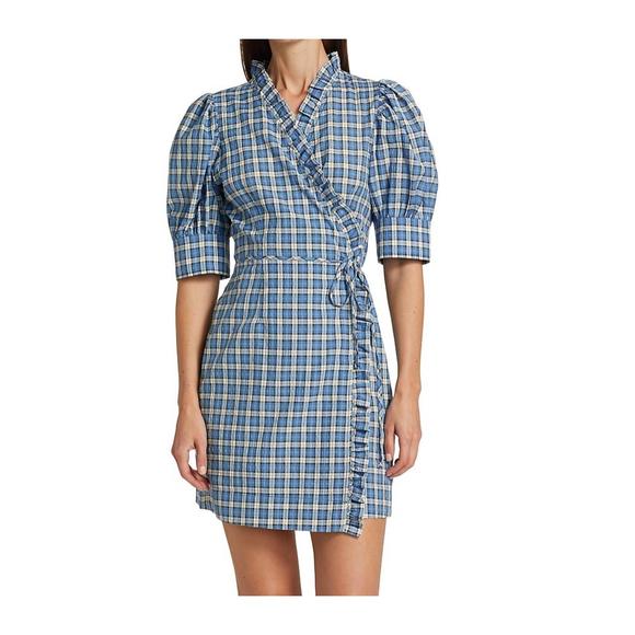 Ganni | Dresses | New Ganni Seersucker Check Short Puff Sleeve Tie Belt ...